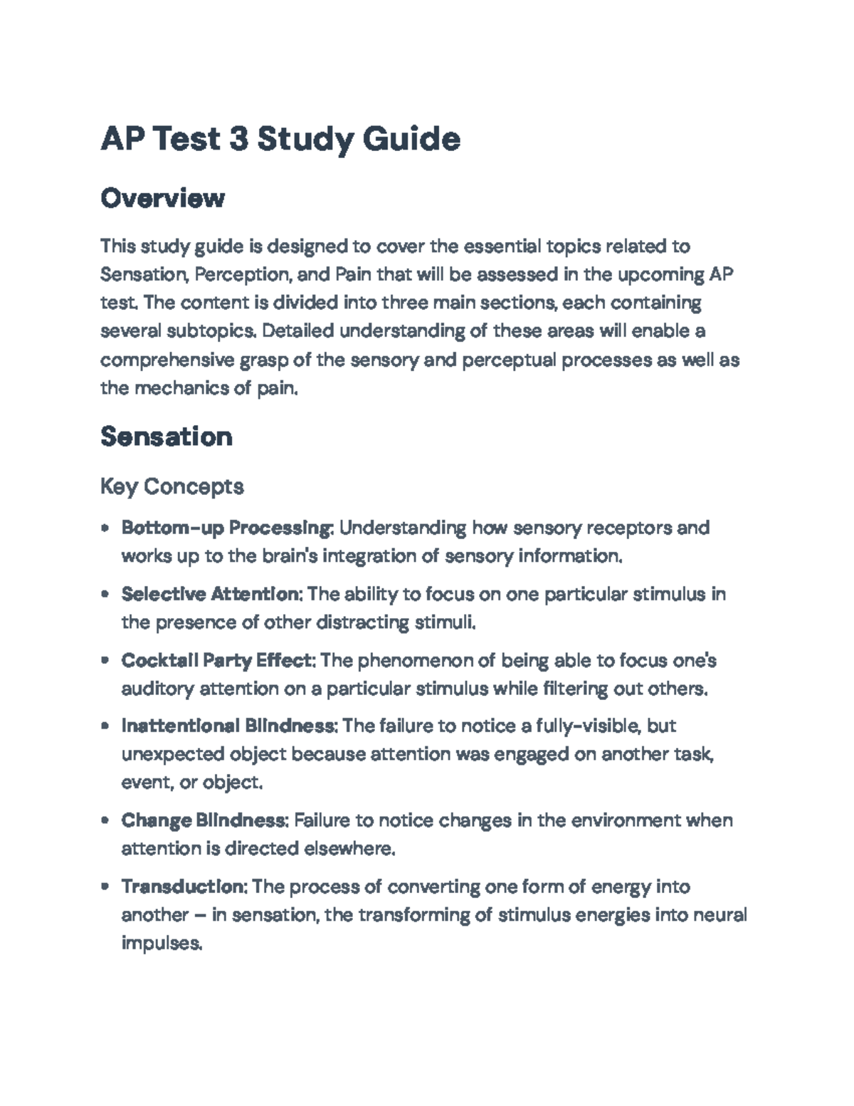 AP Test 3 Study Guide: Sensation, Perception & Pain Essentials - Studocu