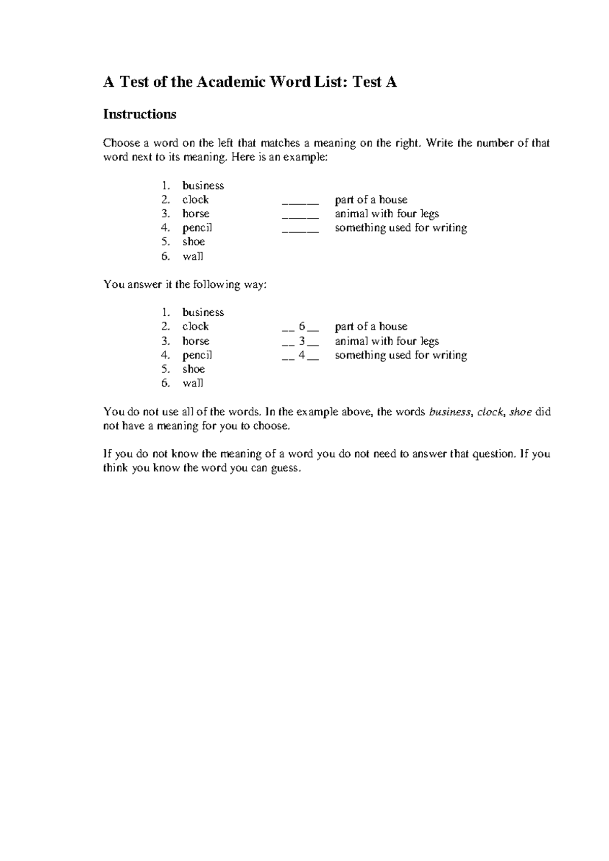 Academic Word List Test A: Matching Exercise Instructions - Studocu