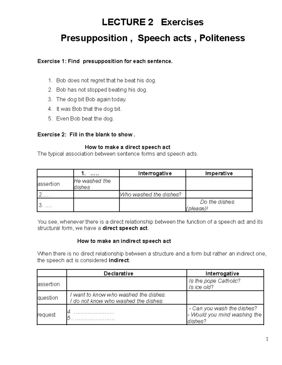 LECTURE 2: Exercises on Presupposition, Speech Acts & Politeness - Studocu