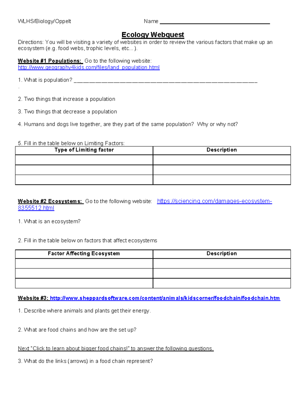 Ecology Webquest Handout - WLHS Biology Study Guide - Studocu