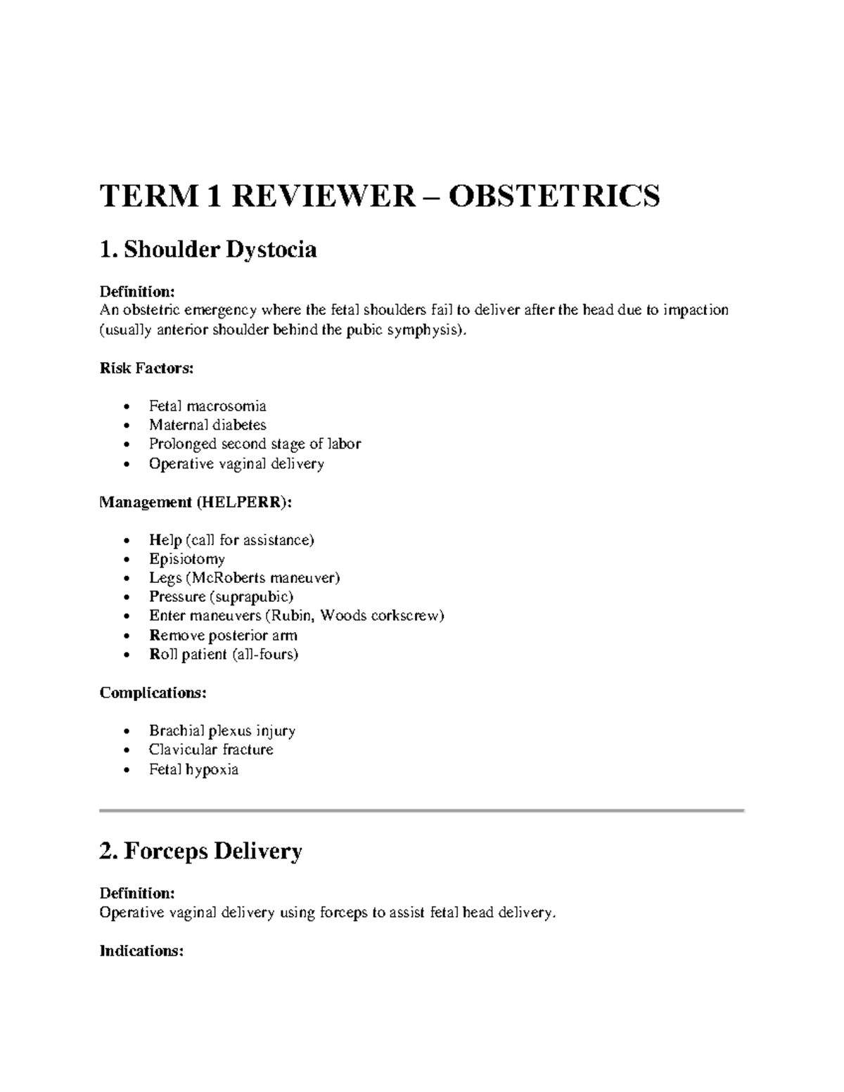 TERM 1 REVIEWER: OBSTETRICS 1 - Key Concepts & Management - Studocu