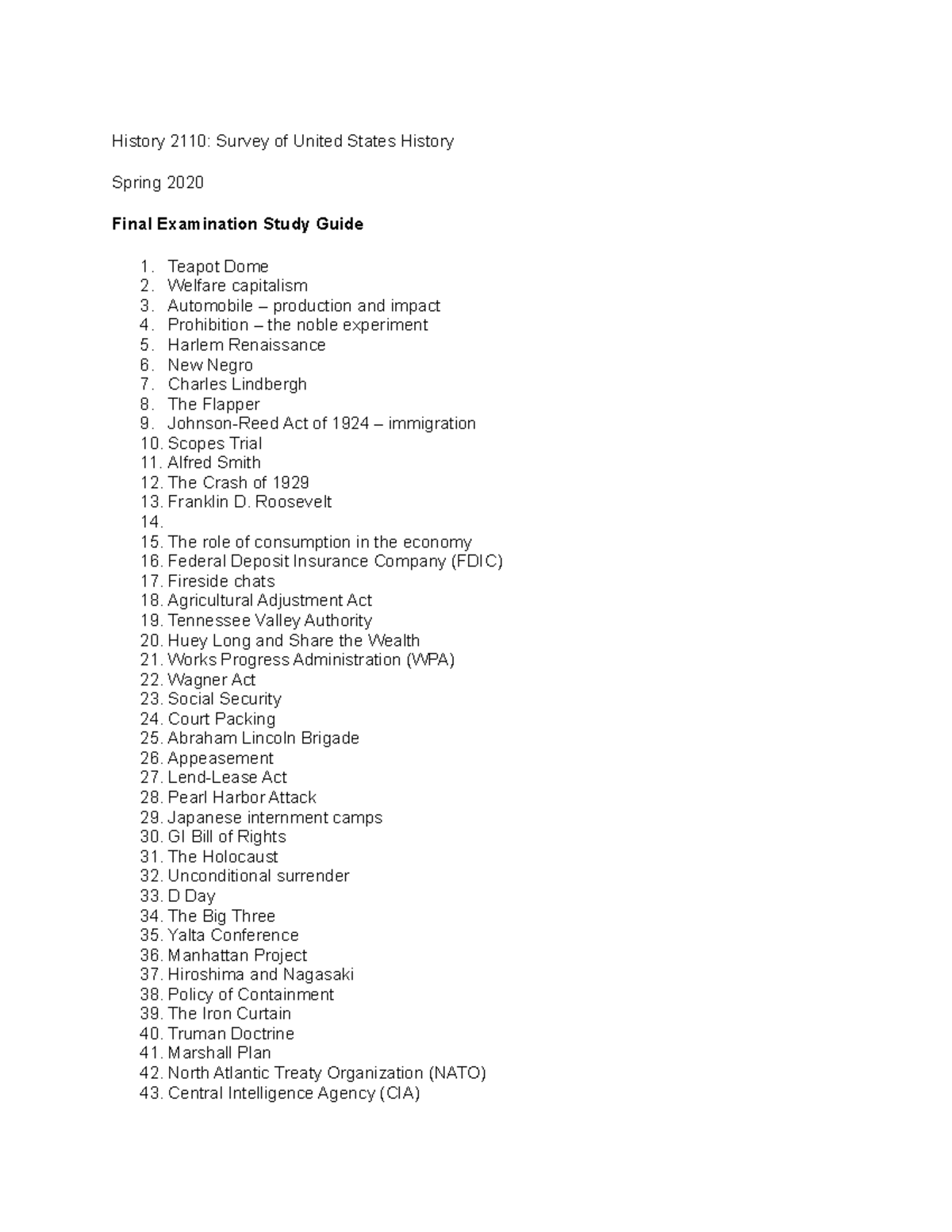 History Final Exam Study guide - History 2110: Survey of United States ...
