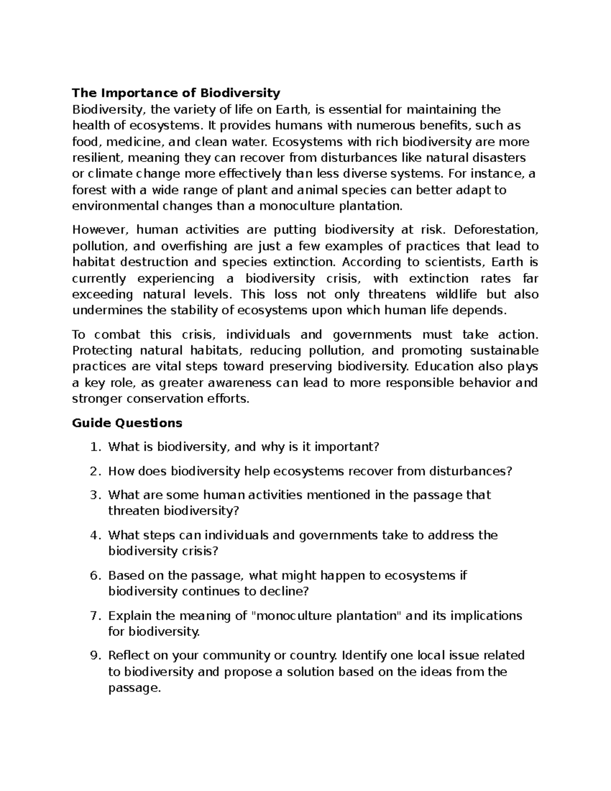 RWS-WEEK 1 ACT - Activity - The Importance of Biodiversity Biodiversity ...