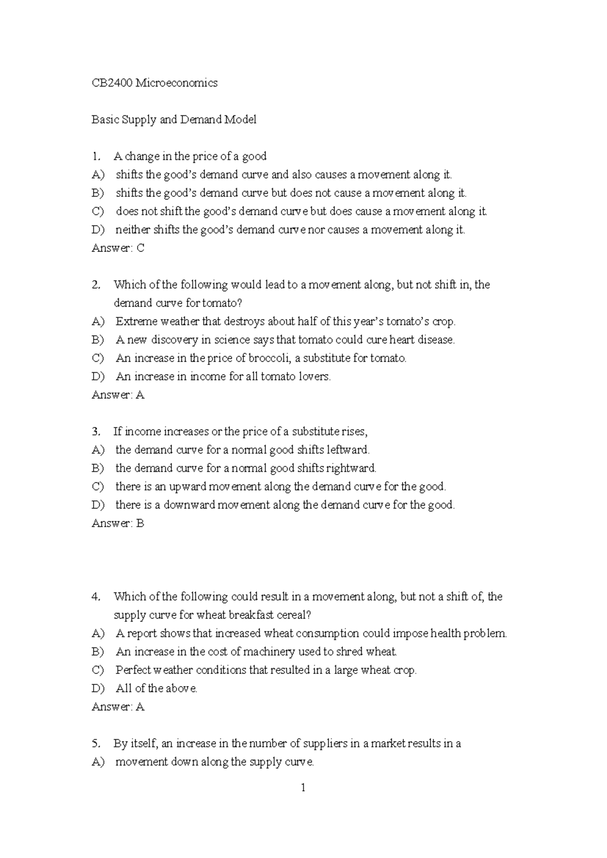 02 Basic Demand-Supply Model - Answers - CB2400 Microeconomics Basic Supply and Demand Model A ...