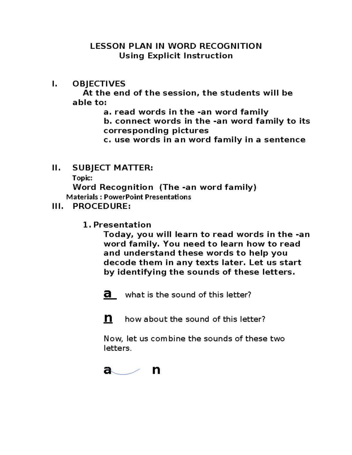 Lesson Plan: Teaching the -an Word Family in Word Recognition - Studocu