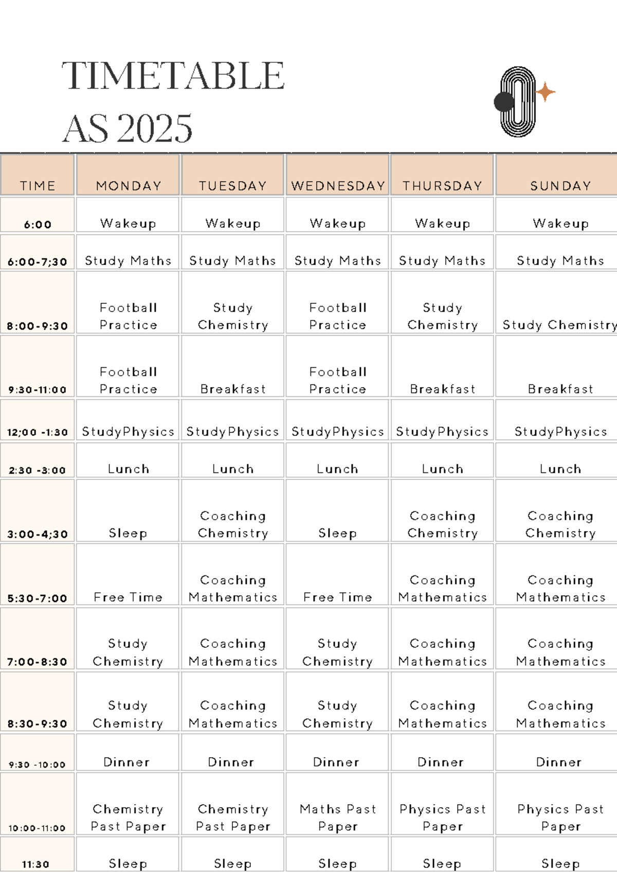 Brown White Modern Timetable - T I M E M O N D A Y T U E S D A Y W E D ...