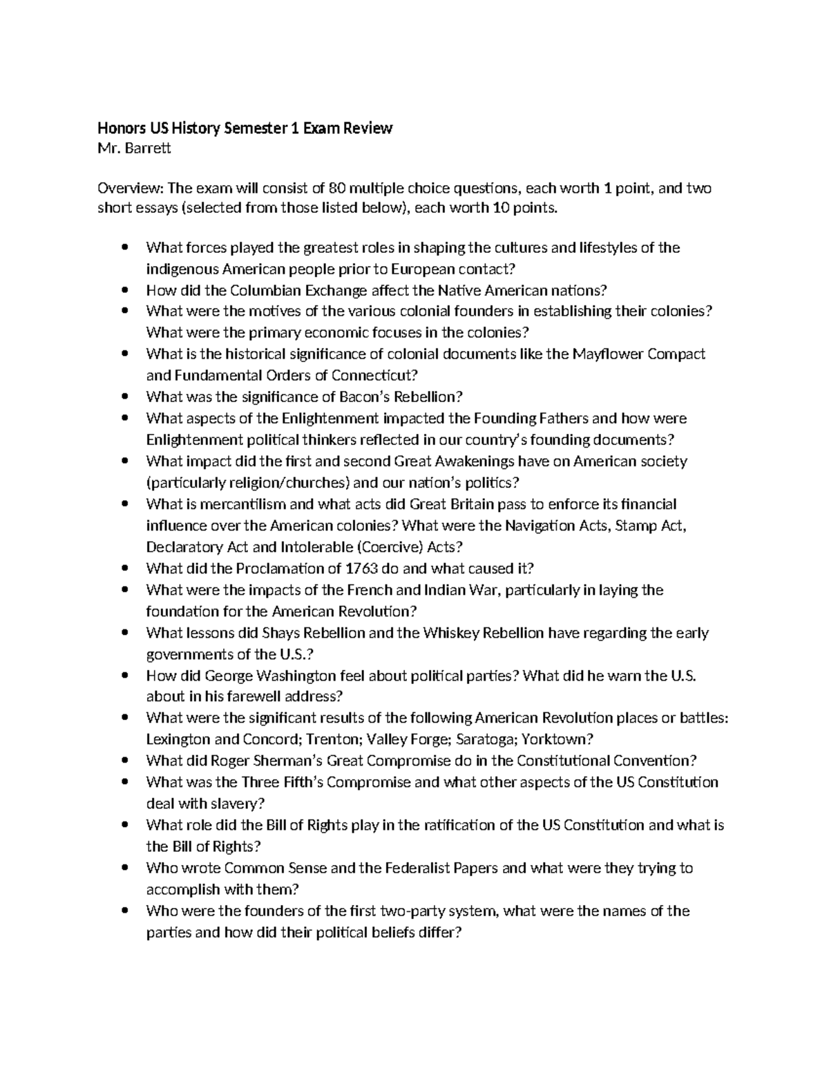 Honors US History H1: Semester 1 Exam Review Study Guide - Studocu