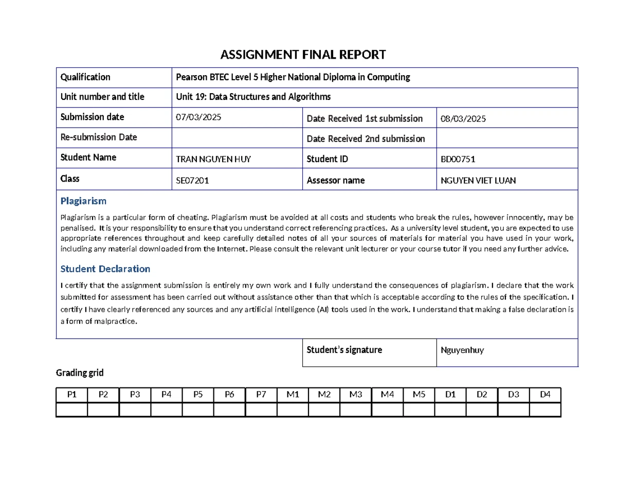 Unit 19: Data Structures & Algorithms Final Report - SE07201 - Studocu