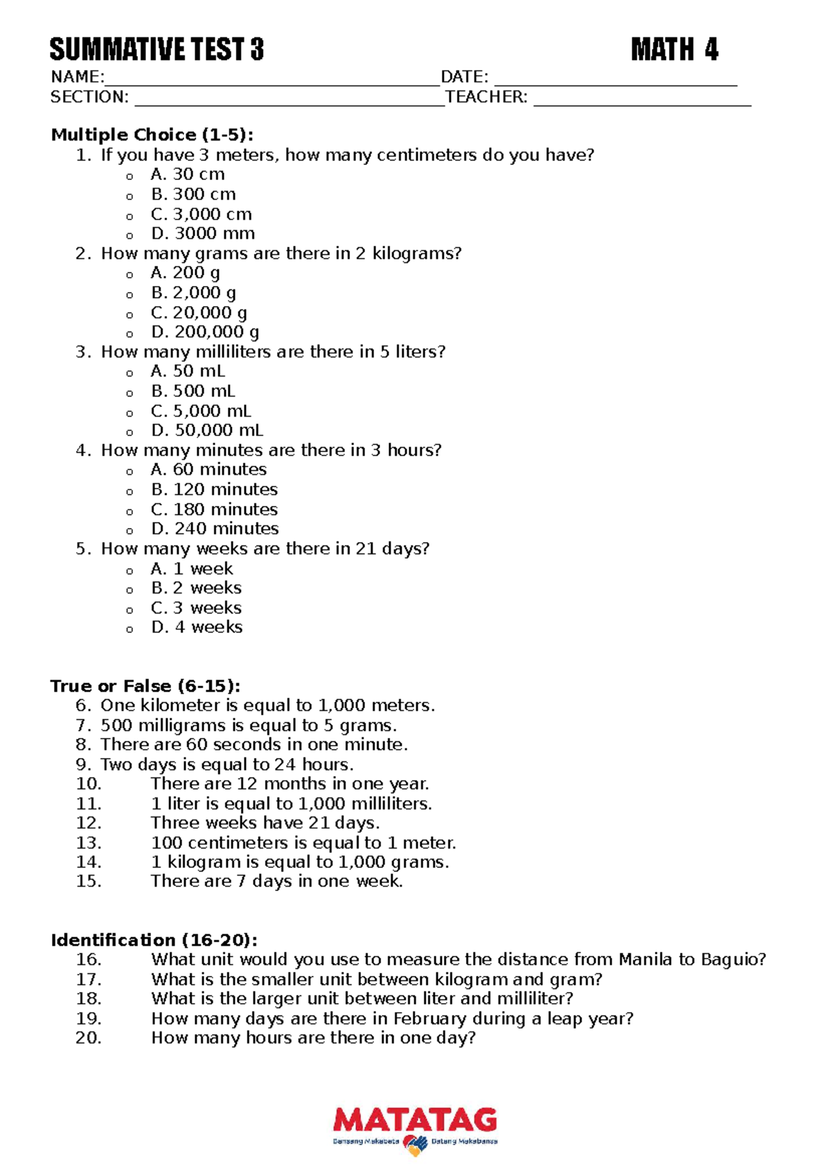 MATH 4 Summative Test 3: Measurement & Conversion Questions - Studocu