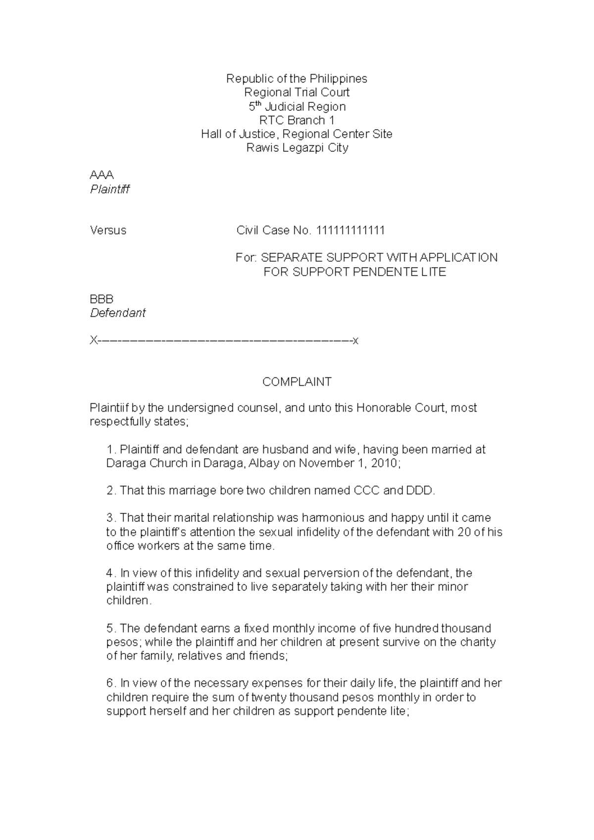 Support-pendente-lite - Republic of the Philippines Regional Trial Court 5 th Judicial Region ...