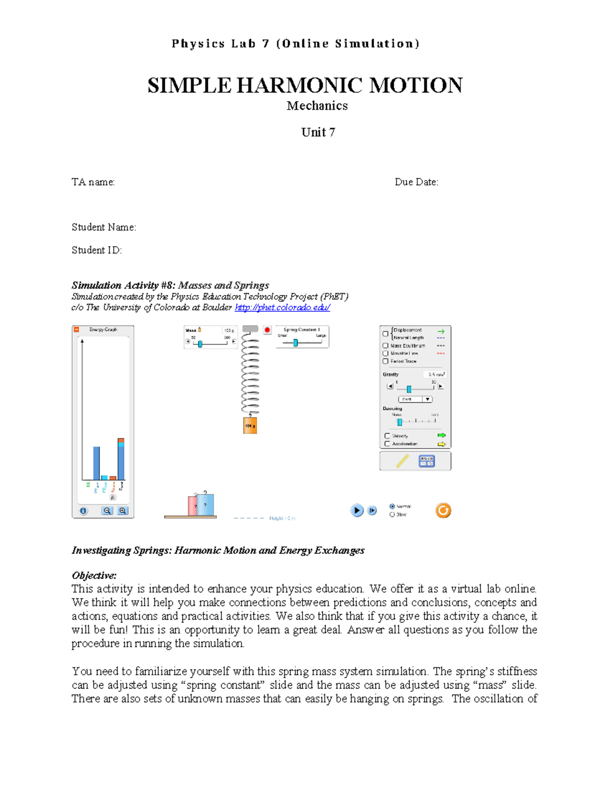 Lab 9 - Simple Harmonic Motion and Spring Constants Simulation ...