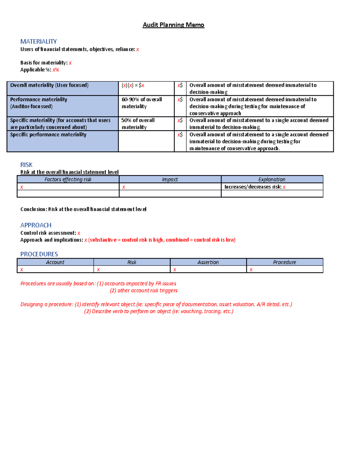 Audit Planning Memo Template: Materiality, Risk, Approach & Procedures ...