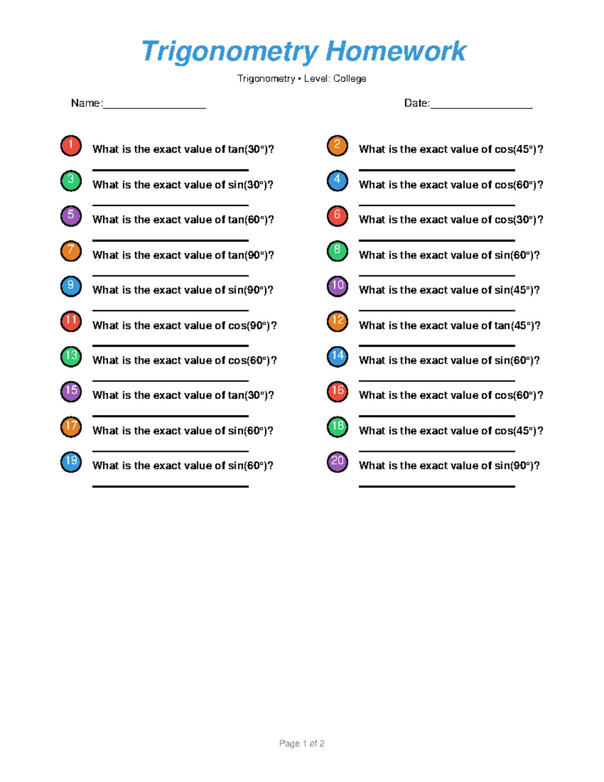 Trigonometry Homework (College 1): Exact Values from 2 to 20 - Studocu
