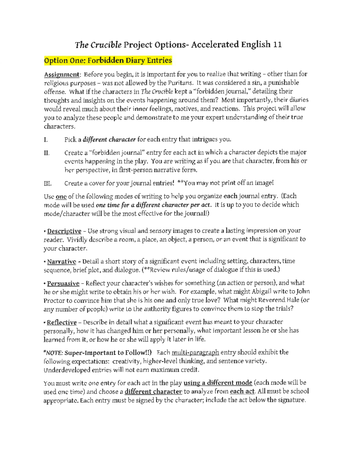 The Crucible Project Options - The Crucible Project Accelerated English ...