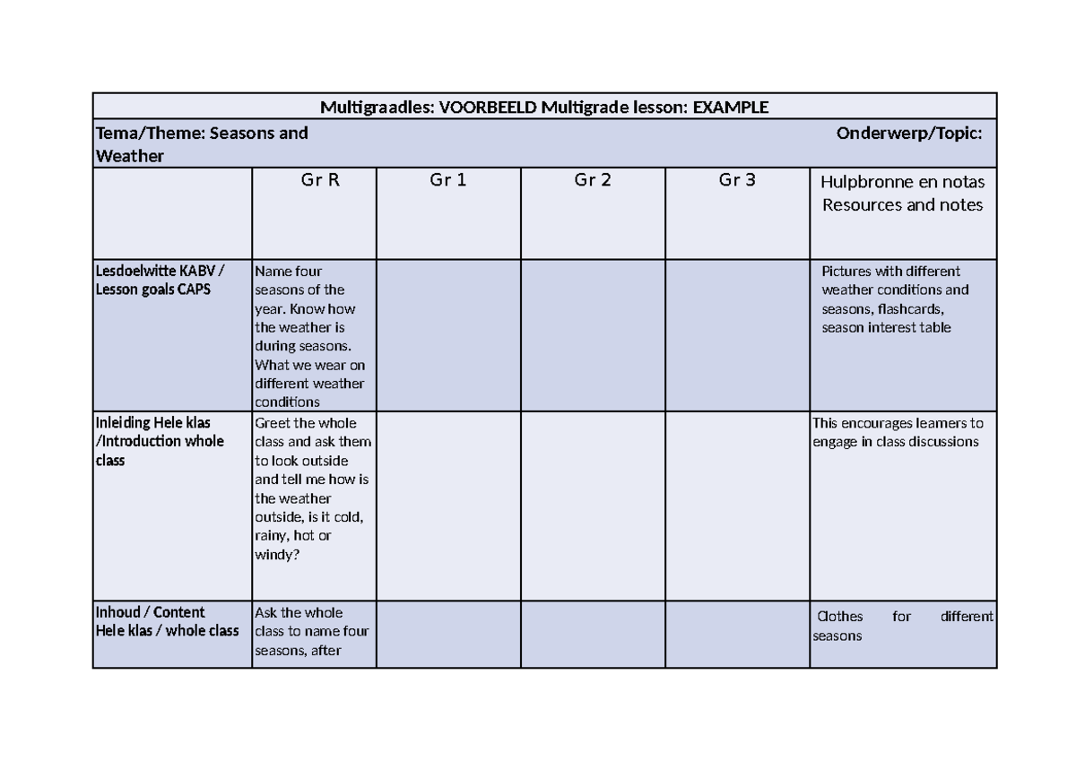 Lesson Plan: Multigrade Class on Seasons & Weather (Gr R-3) - Studocu