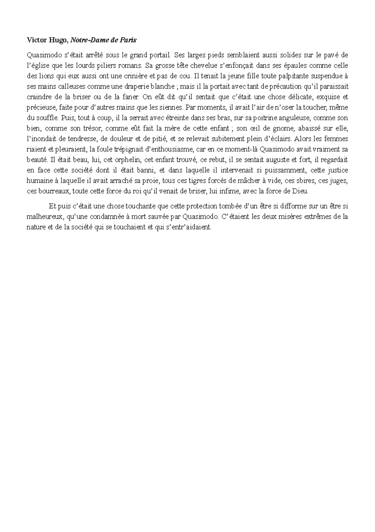 Étude de Quasimodo dans "Notre-Dame de Paris" par Victor Hugo - Studocu