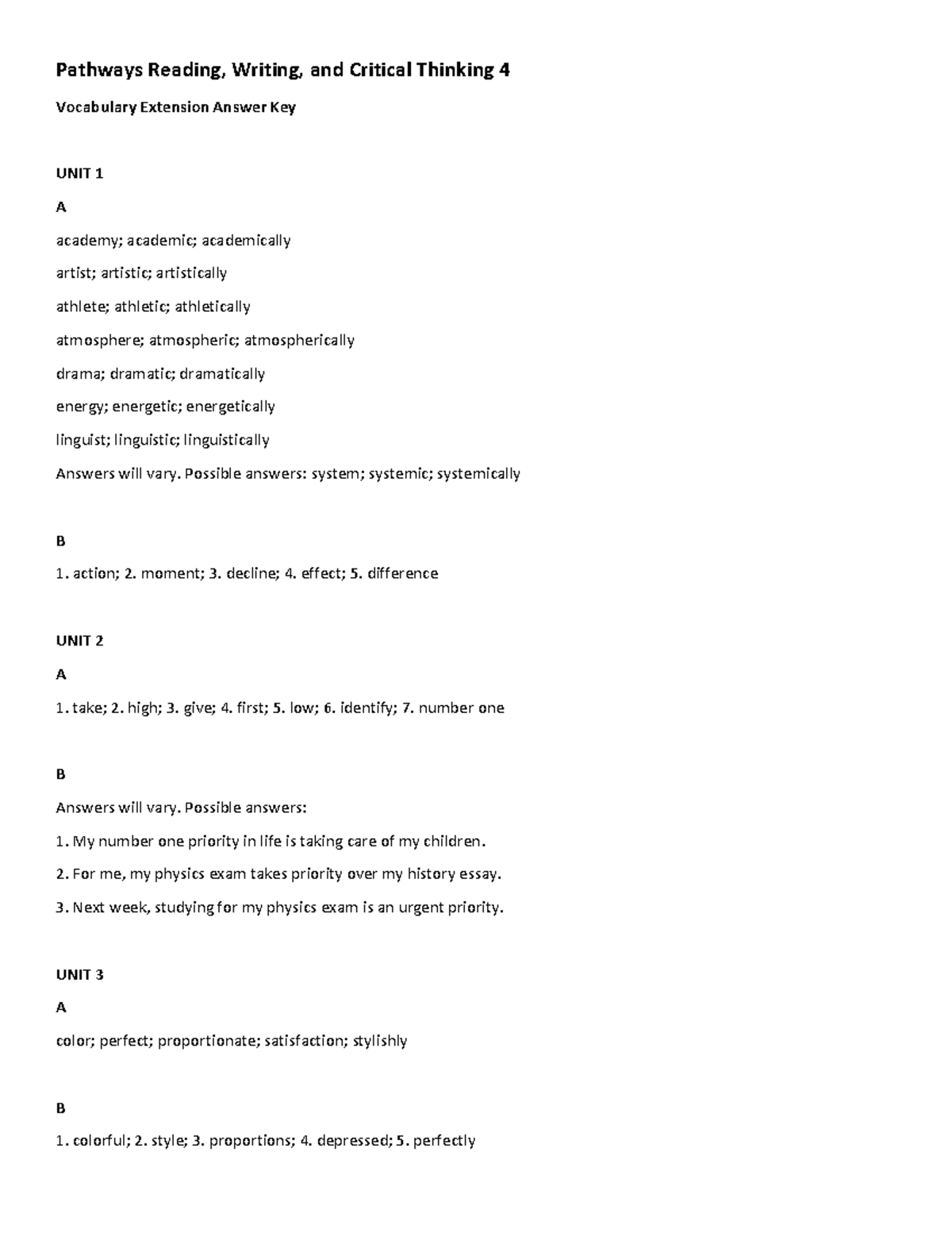 Pathways RW 4 Vocabulary Extension Answer Key - Pathways Reading ...