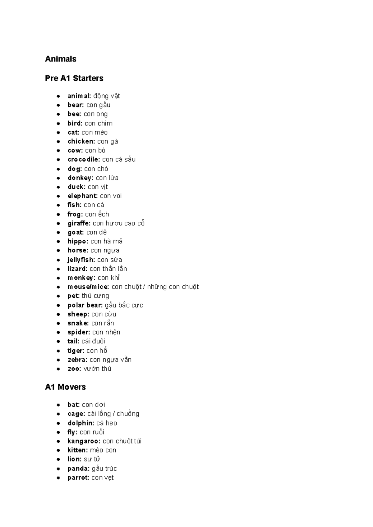 Animals - Grade 5 - Animals Pre A1 Starters animal: động vật bear: con ...