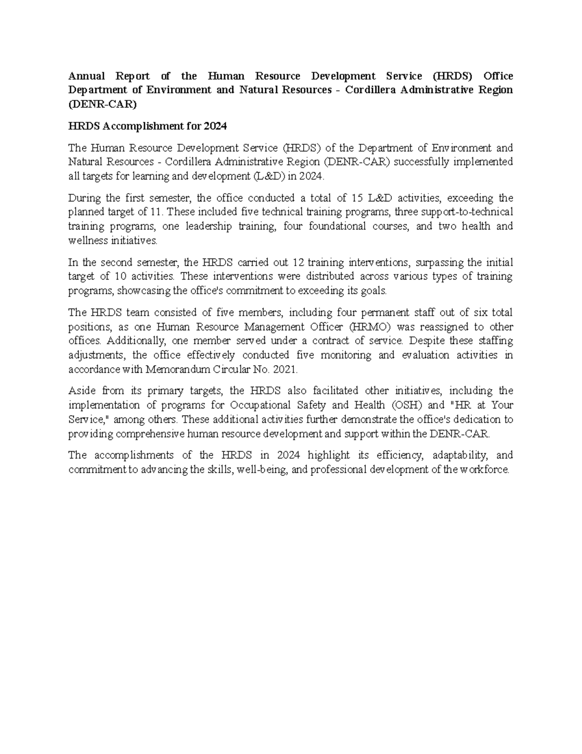 HRDS Annual Report 2024: Learning & Development Accomplishments - Studocu