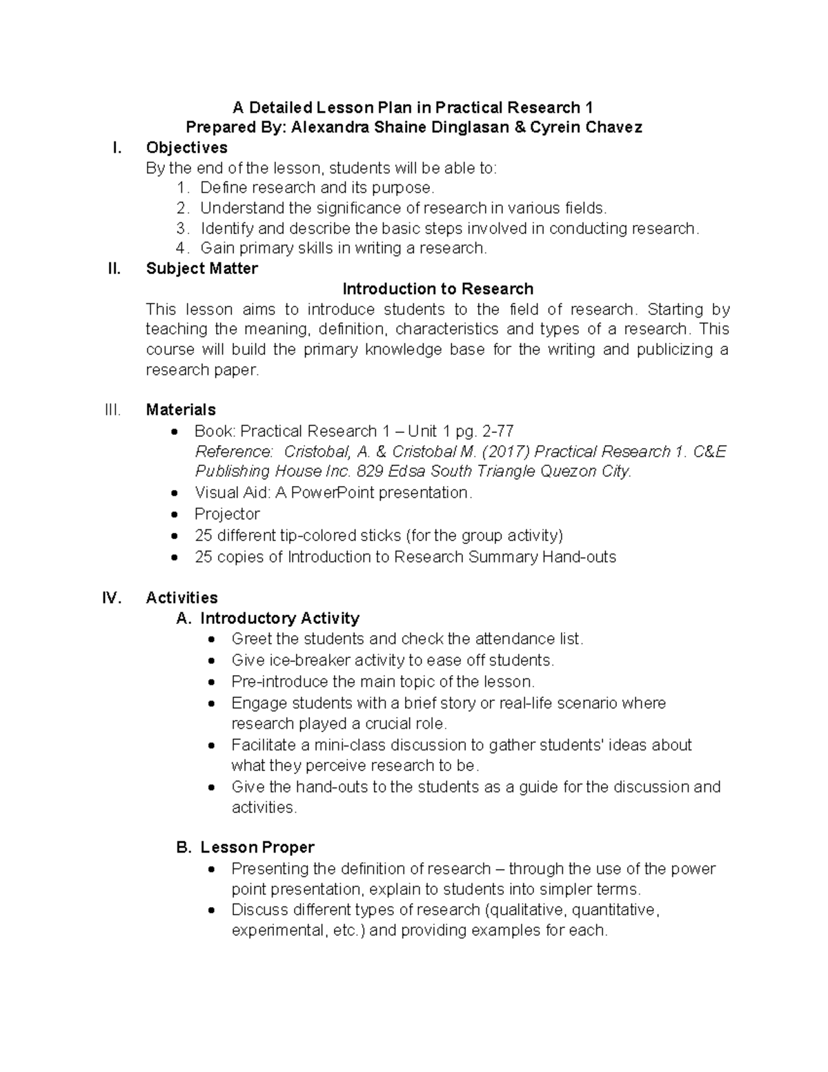 Detailed Lesson Plan: Practical Research 1 (Prepared by A. Dinglasan ...