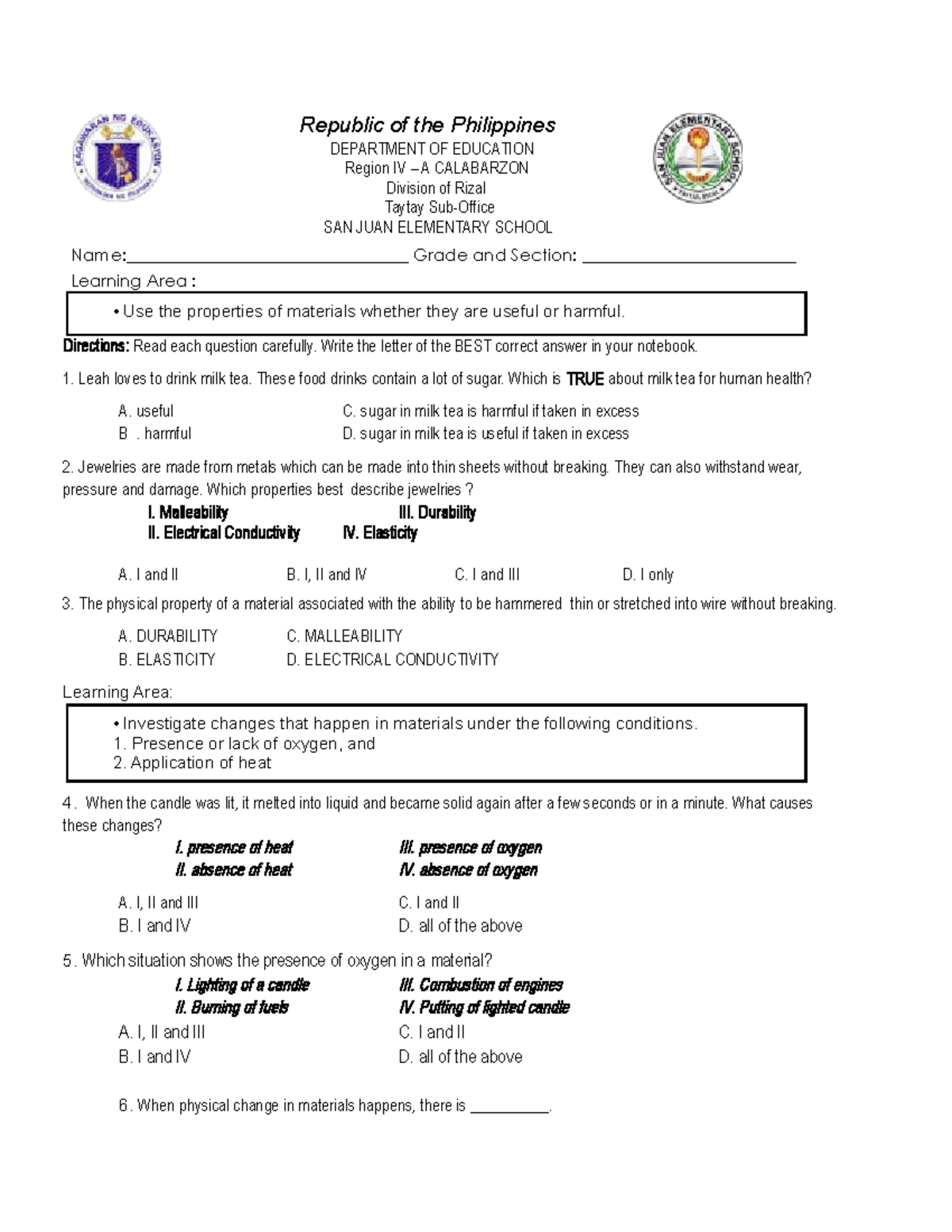 Diagnostic TEST in Science 5 - Republic of the Philippines DEPARTMENT ...