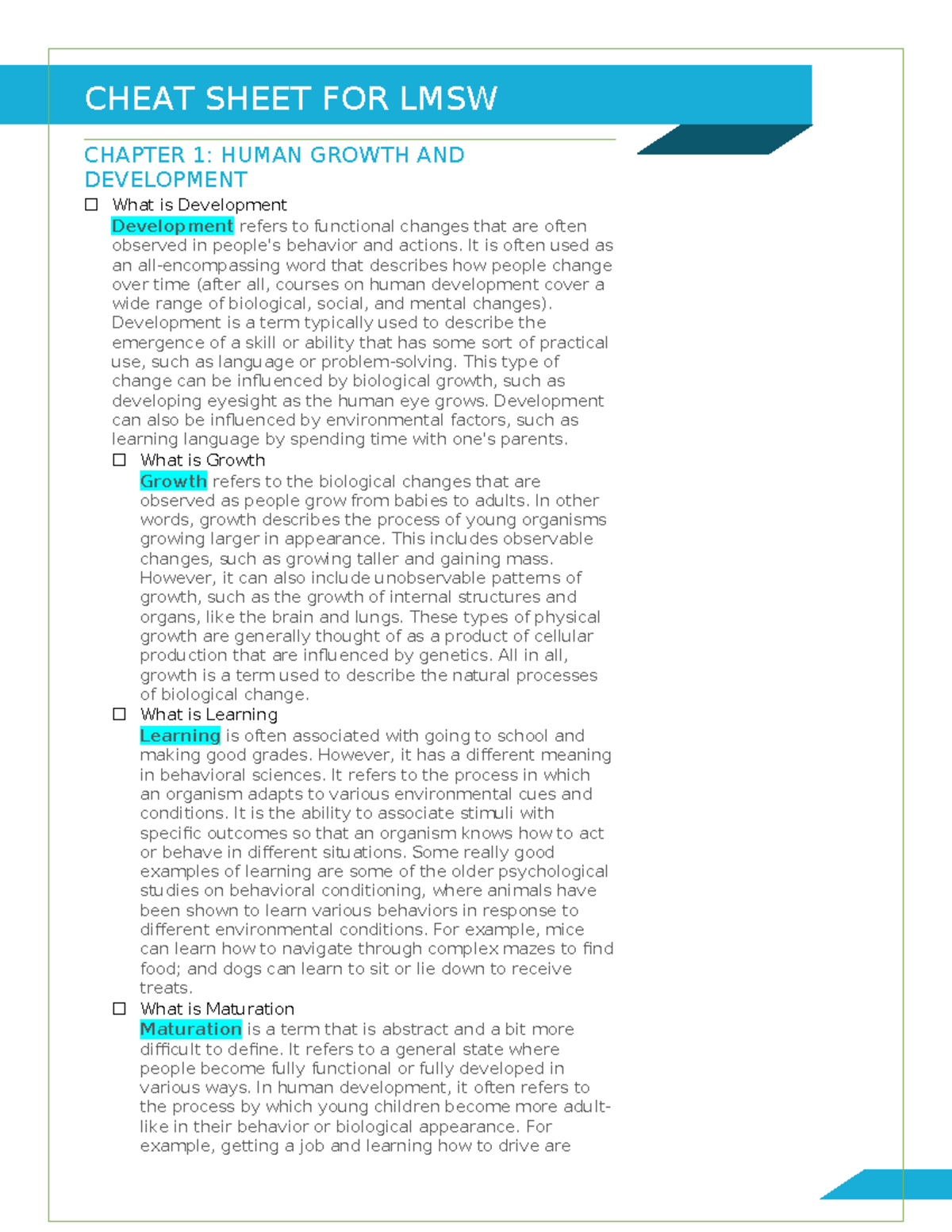 LMSW CHAPTER 1: Human Growth & Development Overview Cheat Sheet - Studocu
