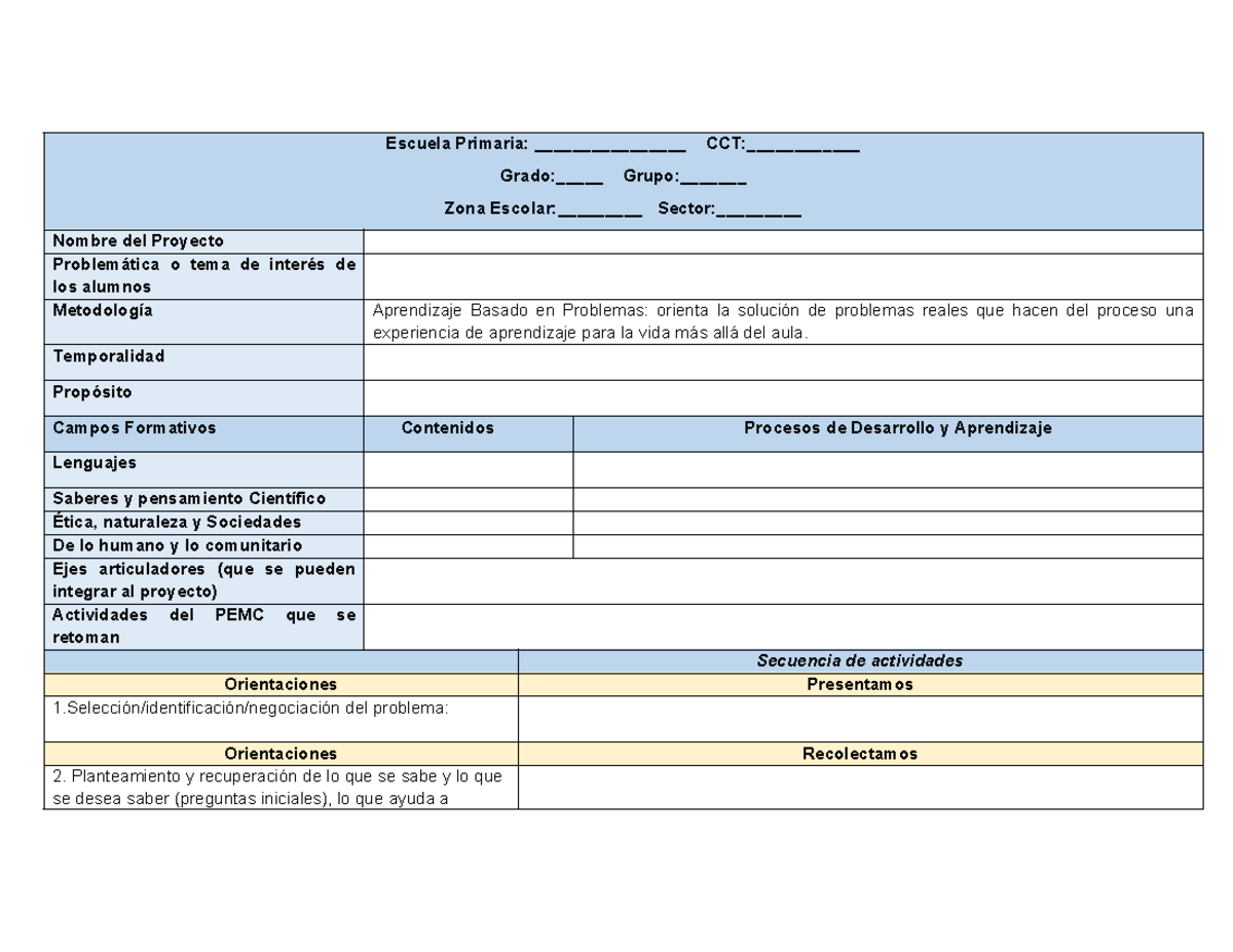 Formato Editable de Planeación: Aprendizaje Basado en Problemas - Studocu