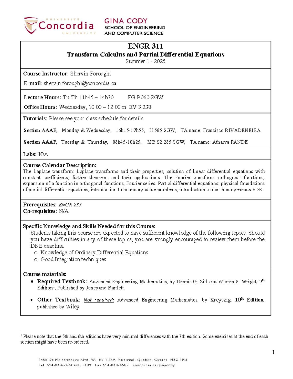 ENGR 311 Course Outline: Transform Calculus & PDEs - Summer 2025 - Studocu