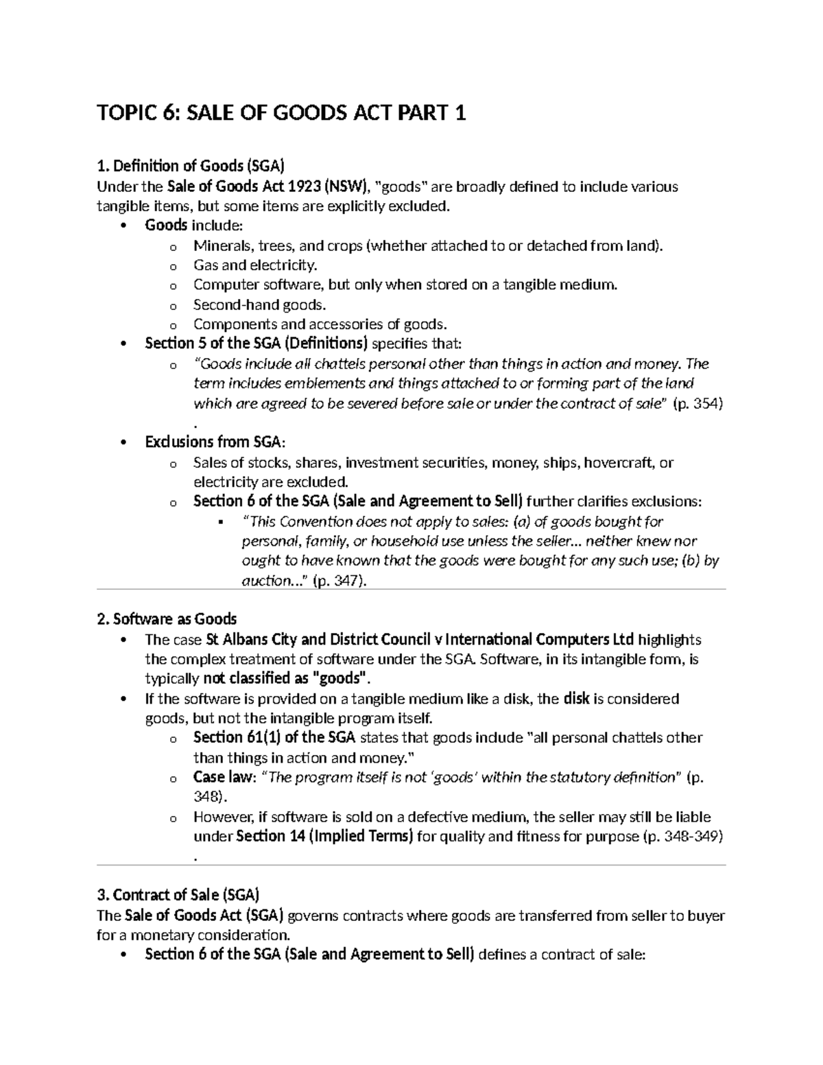 SALE OF GOODS ACT (SGA) - Key Concepts and Case Summaries - Studocu