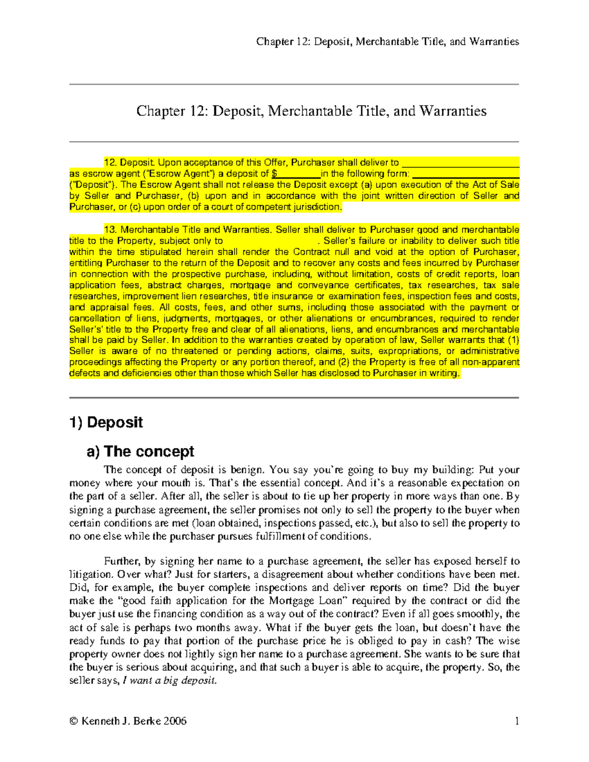 Chapter 12: Deposit, Merchantable Title, and Warranties Overview - Studocu