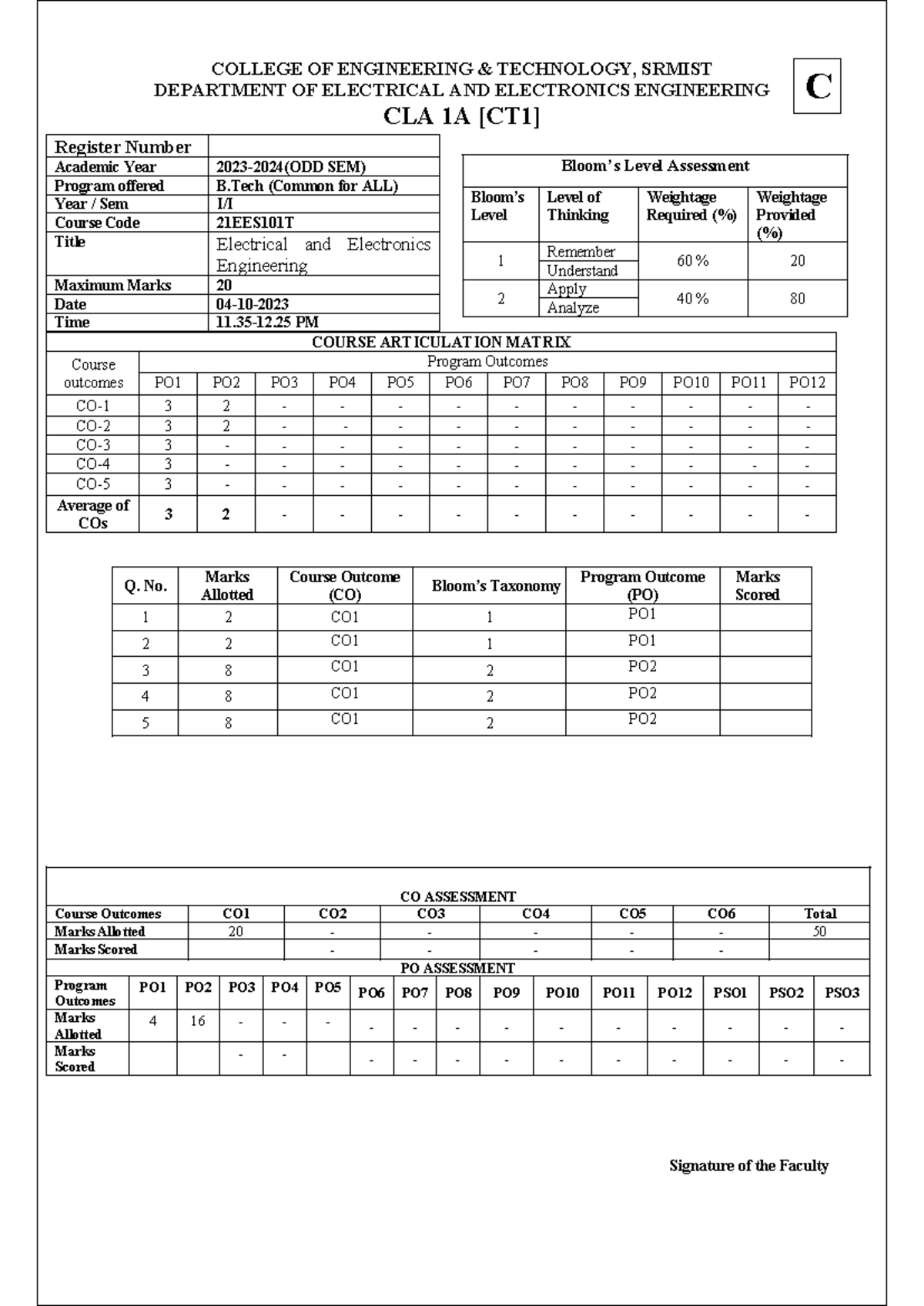 B.Tech 21EES101T CT1 QP C - Basic Electronics Assessment - Studocu