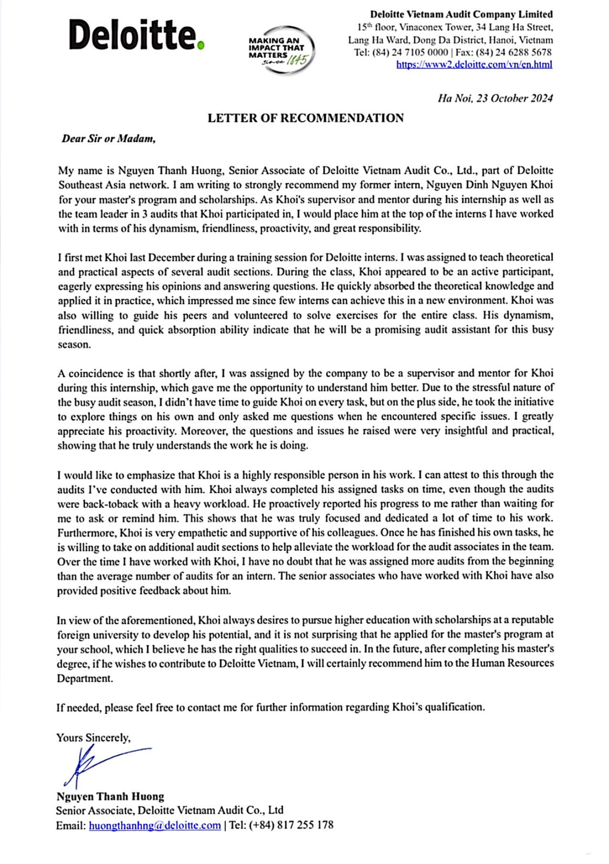 Letter of Recommendation for accounting student - Deloitte Vietnam ...