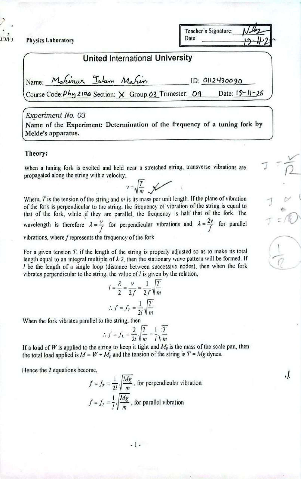Physics Lab Report: Determining Tuning Fork Frequency & KCL (Phy 2106 ...