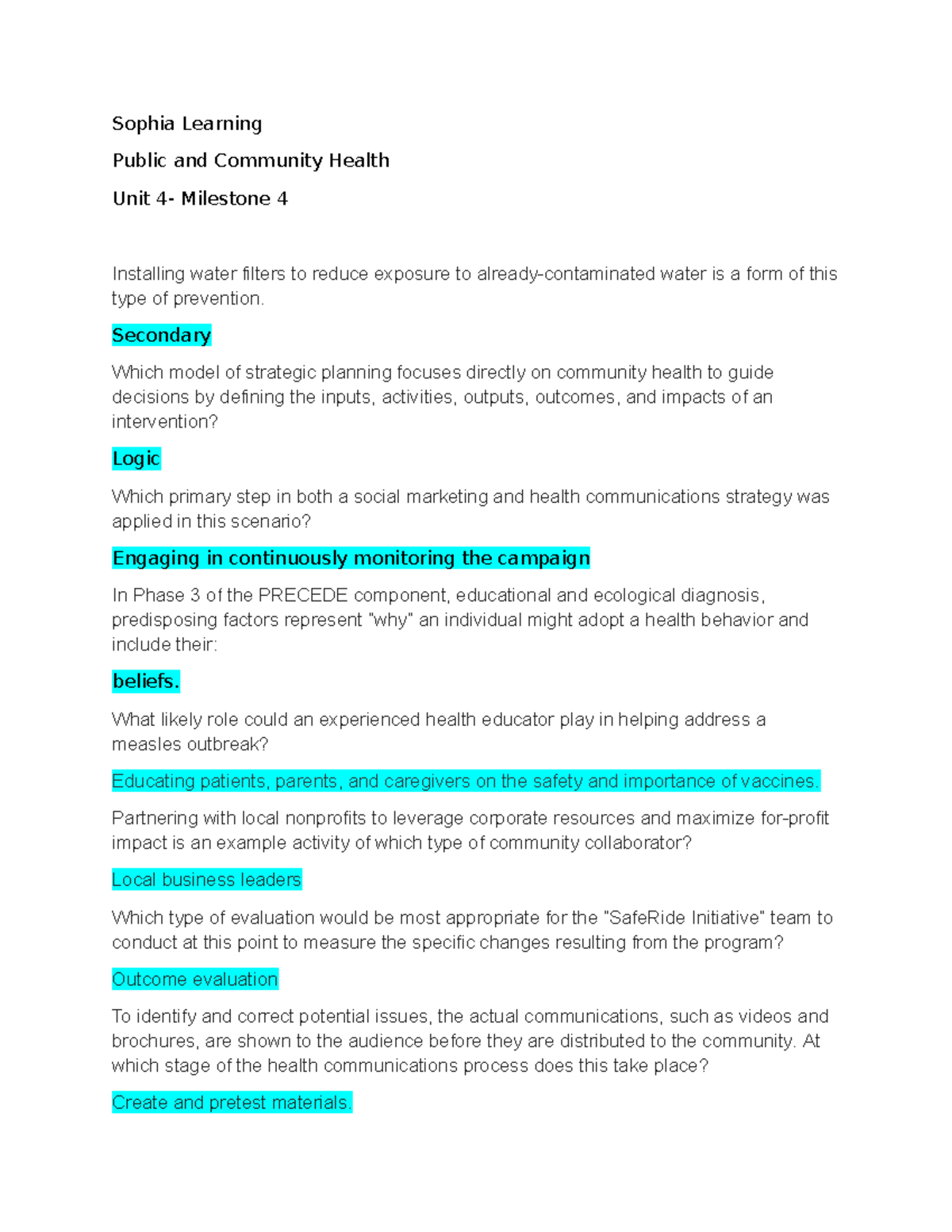 Public and Community Health Unit 4 Milestone 4 Study Guide - Studocu