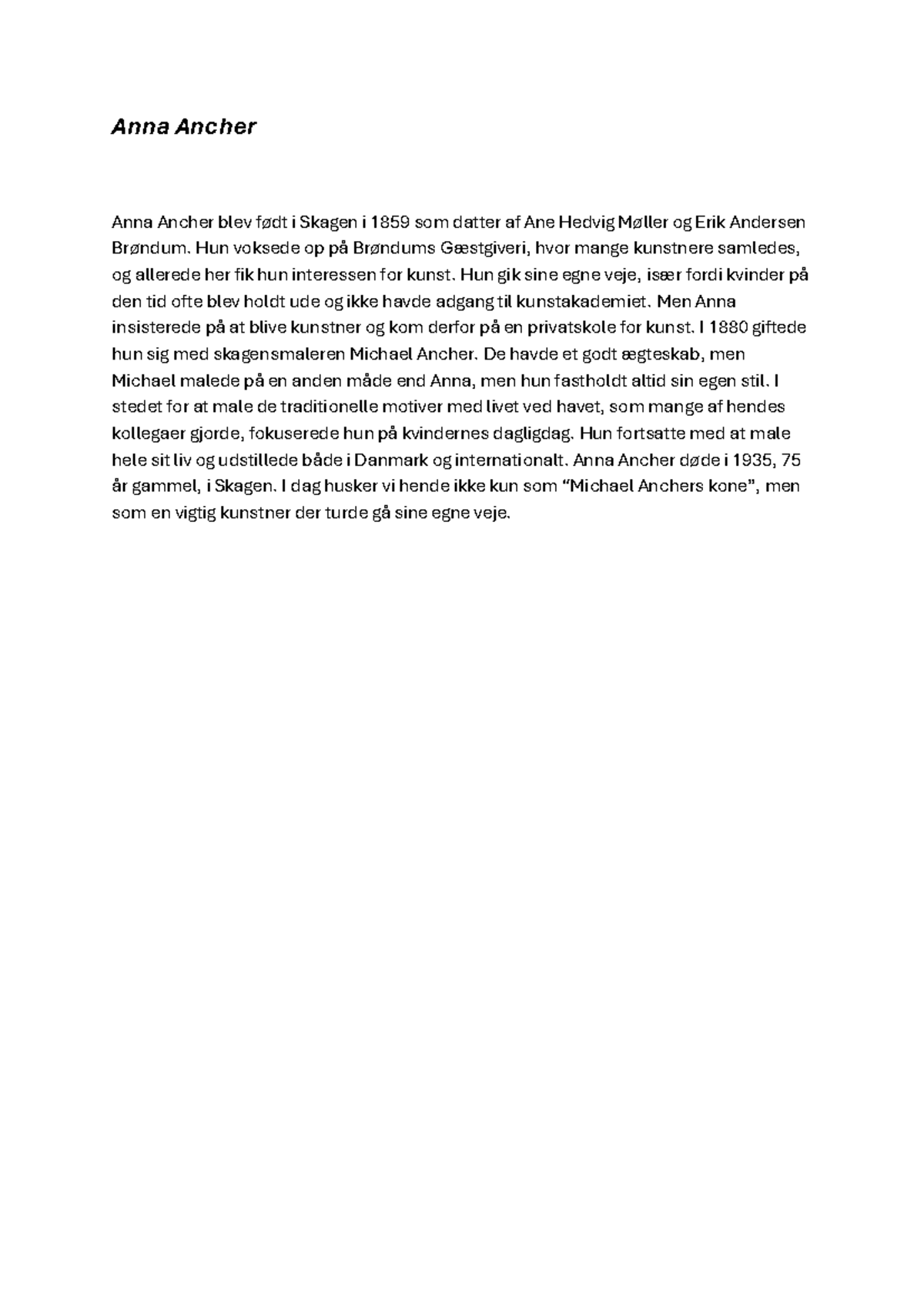 Anna Ancher: En Banebrydende Kunstner fra Skagen - Studocu