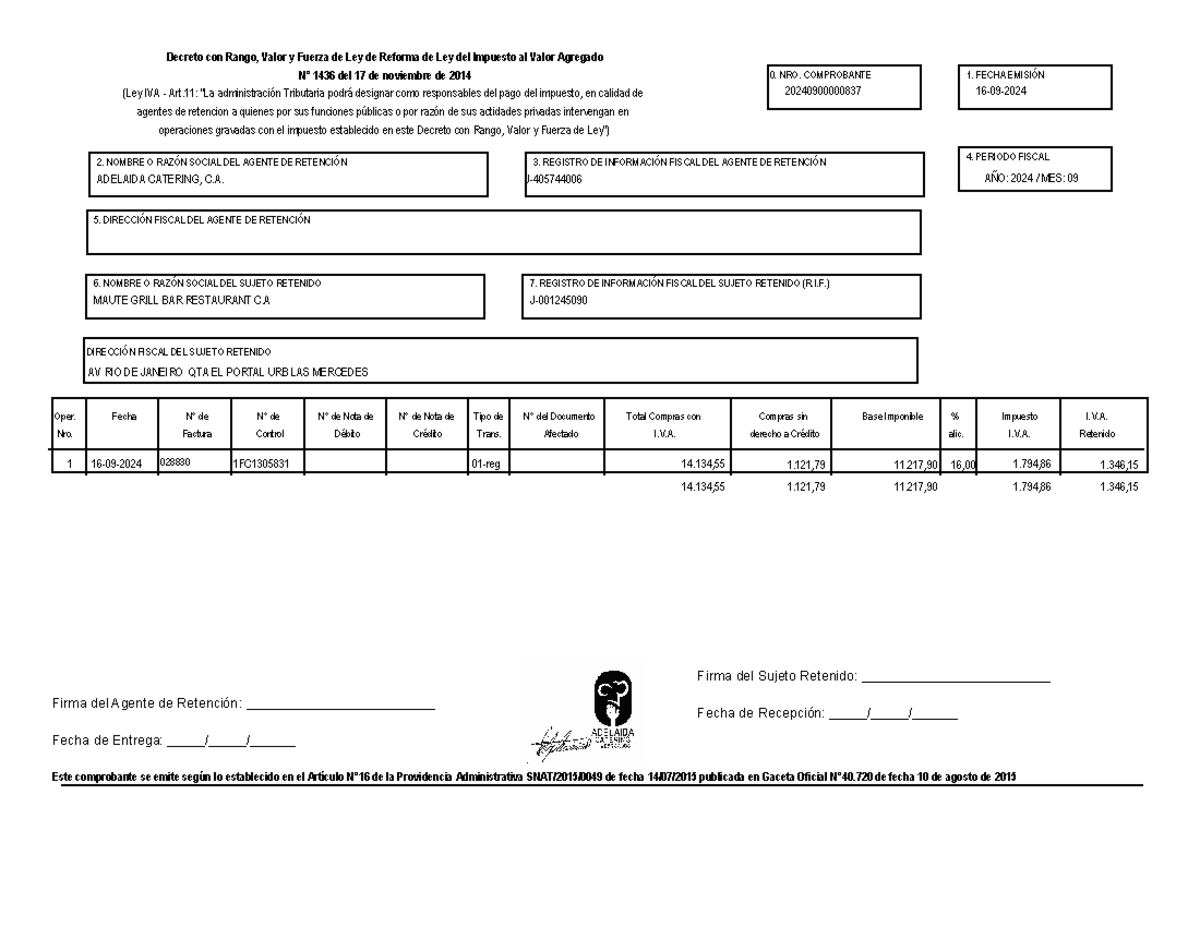 RET IVA 837 Decreto Ley Impuesto al Valor Agregado - Informe 2024 - Studocu