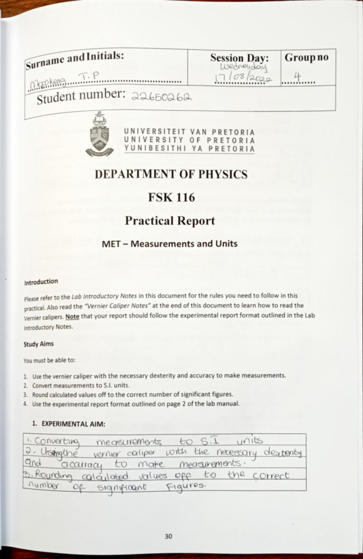 FSK 116 Practical Report: MET Measurements and Calculations Guide - Studocu