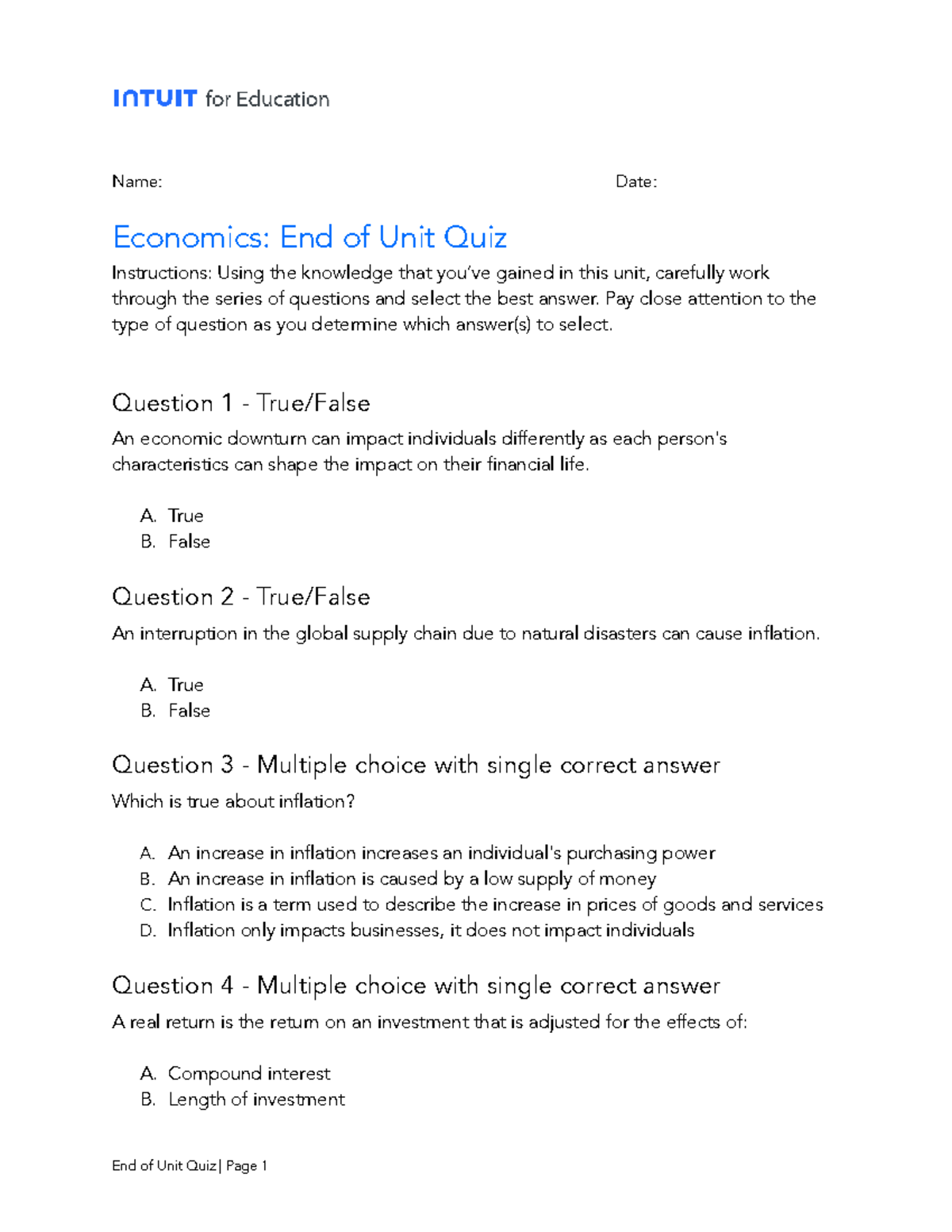 Economics: End of Unit Quiz Review (ECO 101) - Studocu