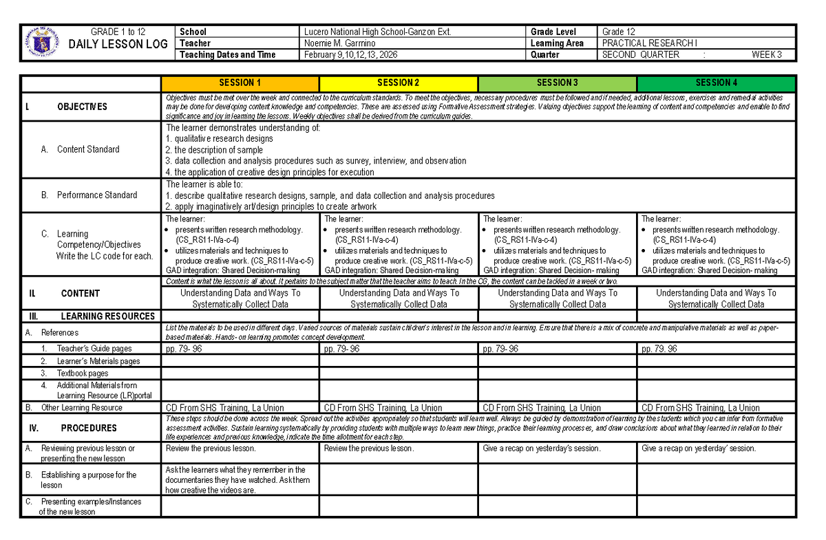 Grade 12 Practical Research II Daily Lesson Log (DLL) - Feb 2026 - Studocu
