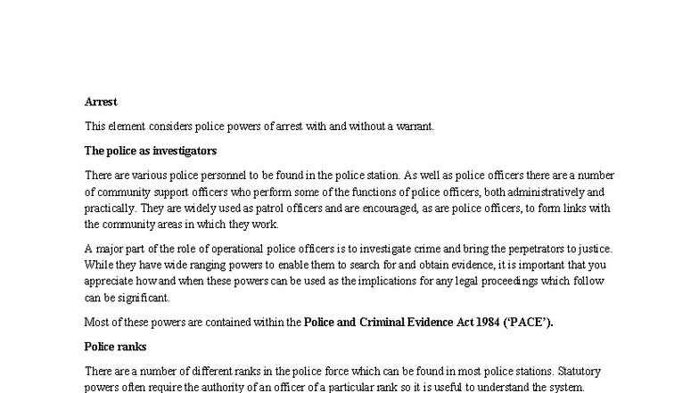 Police Powers of Arrest: Understanding PACE 1984 and Procedures - Studocu
