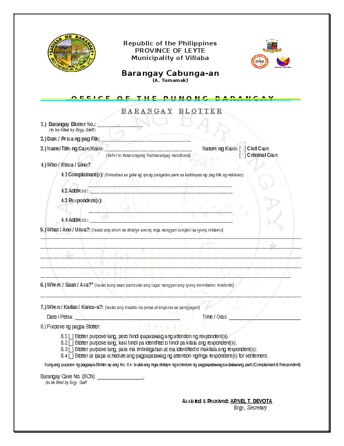 Barangay Blotter Form for Reporting Cases: Guidelines and Details - Studocu