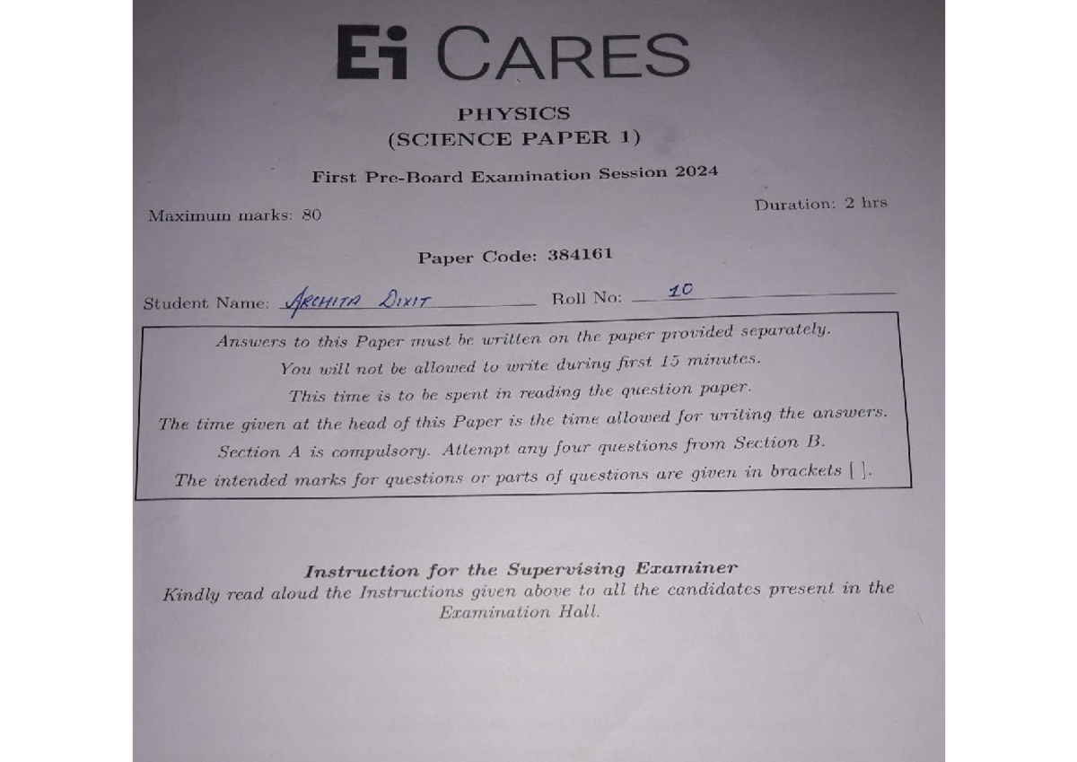 Physics Preboard Exam Paper (SCIENCE PAPER 1) 2024 - Code: 384161 - Studocu