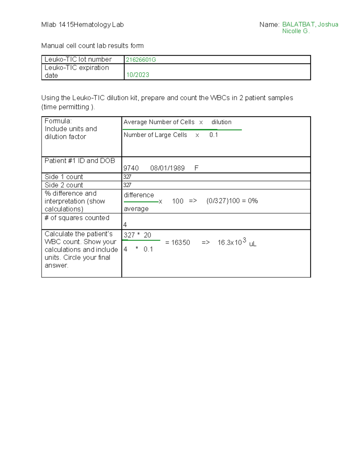 Manual cell count lab results form - Mlab 1415Hematology Lab Name ...