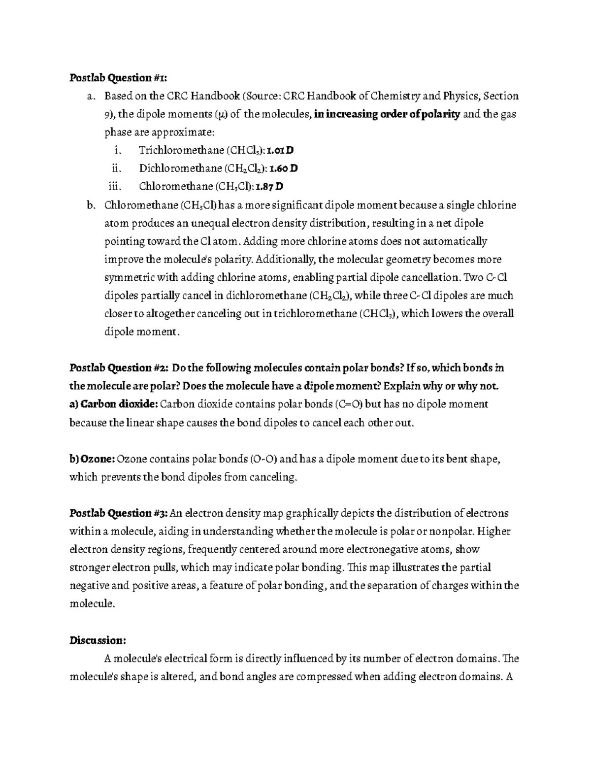 Expt 7- Chemical Bonding Molecular Shape and Polarity Postlab - Postlab ...