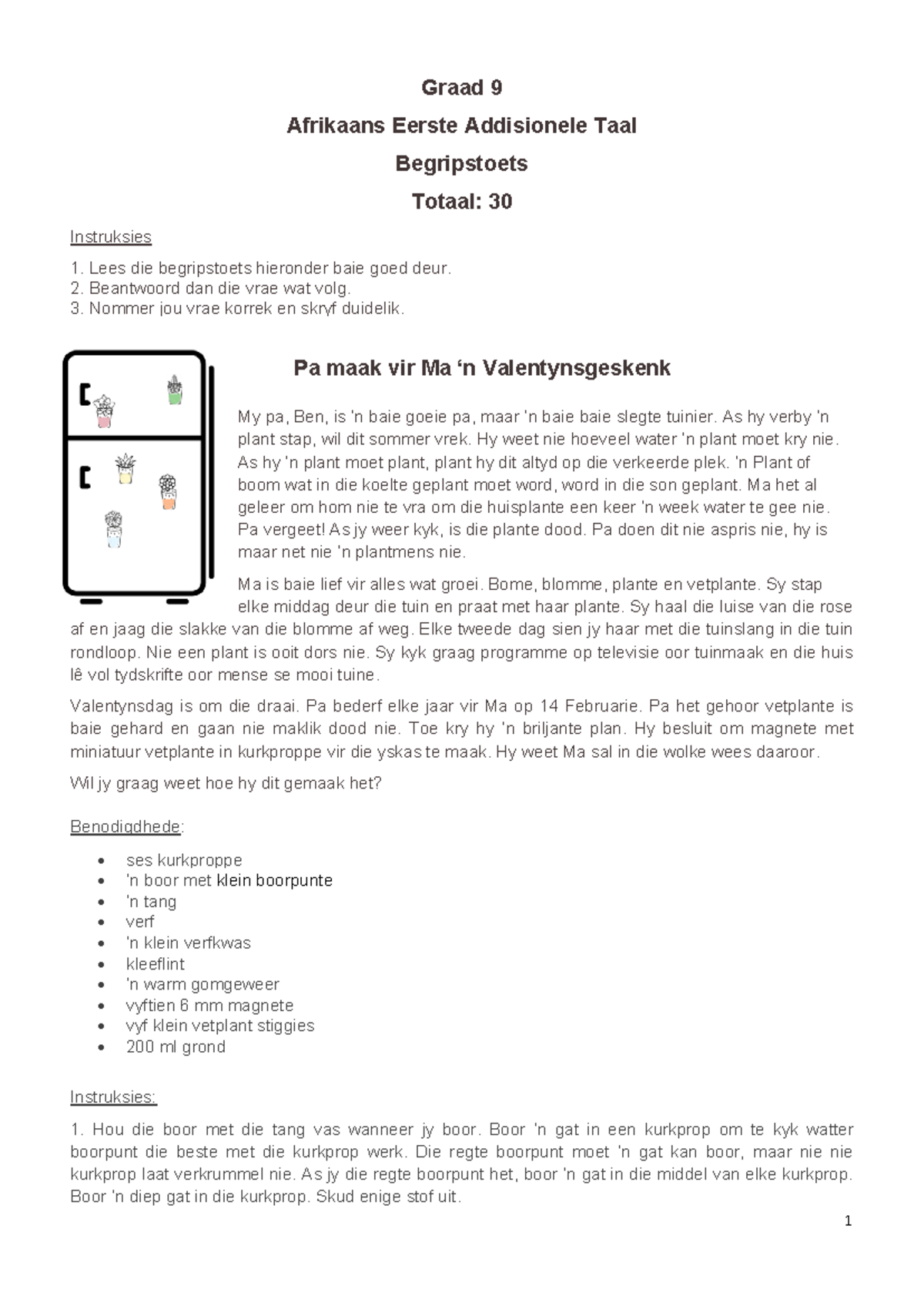 Afrikaans Graad 9 Leesbegrip Werkstuk 2: Valentynsdan Ideeë - Studocu
