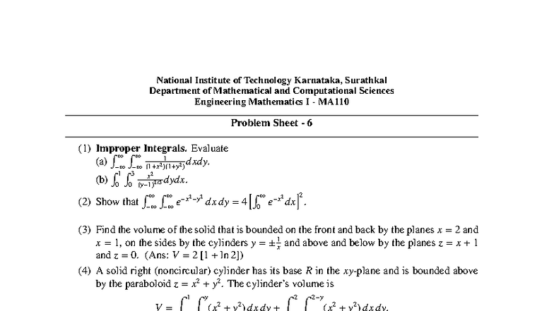 MA110 Engineering Mathematics I: Problem Sheet 6 on Improper Integrals - Studocu
