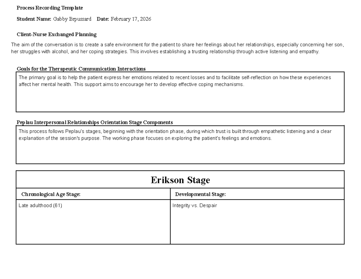 Process Recording Template: Therapeutic Communication Insights (NUR 101 ...