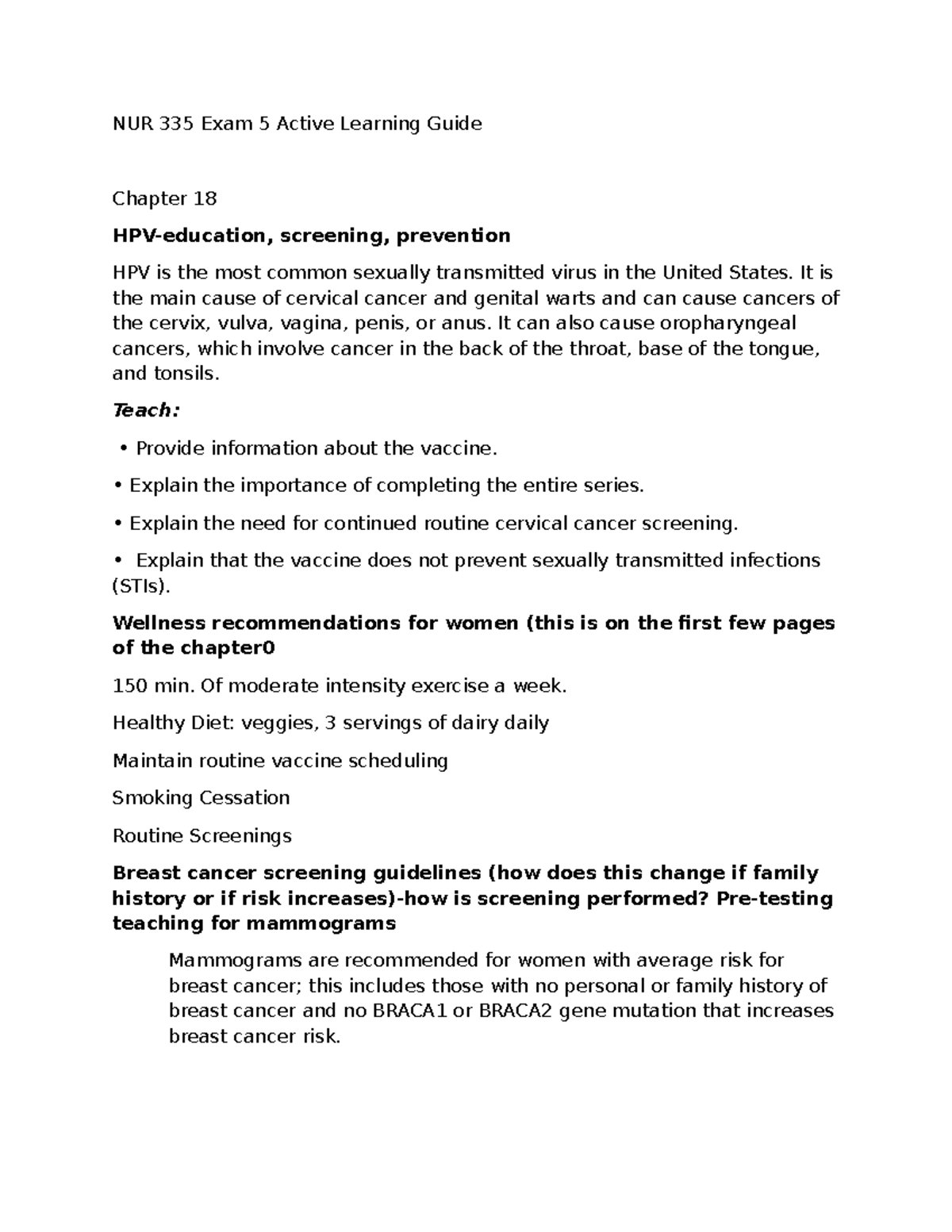NUR 335 Active Learning Guide- Women's Health - NUR 335 Exam 5 Active Learning Guide Chapter 18 ...