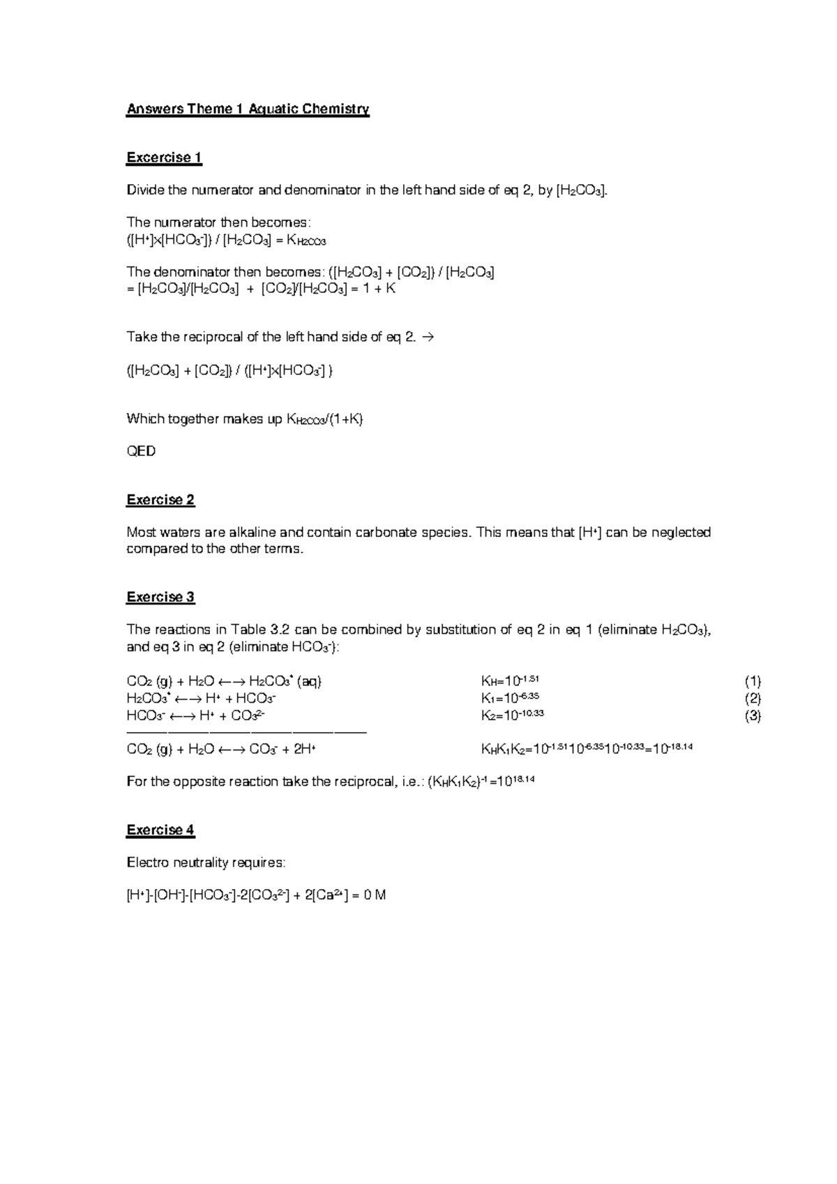 Aquatic Chemistry Answers: Chapter 1 Exercises Overview - Studeersnel