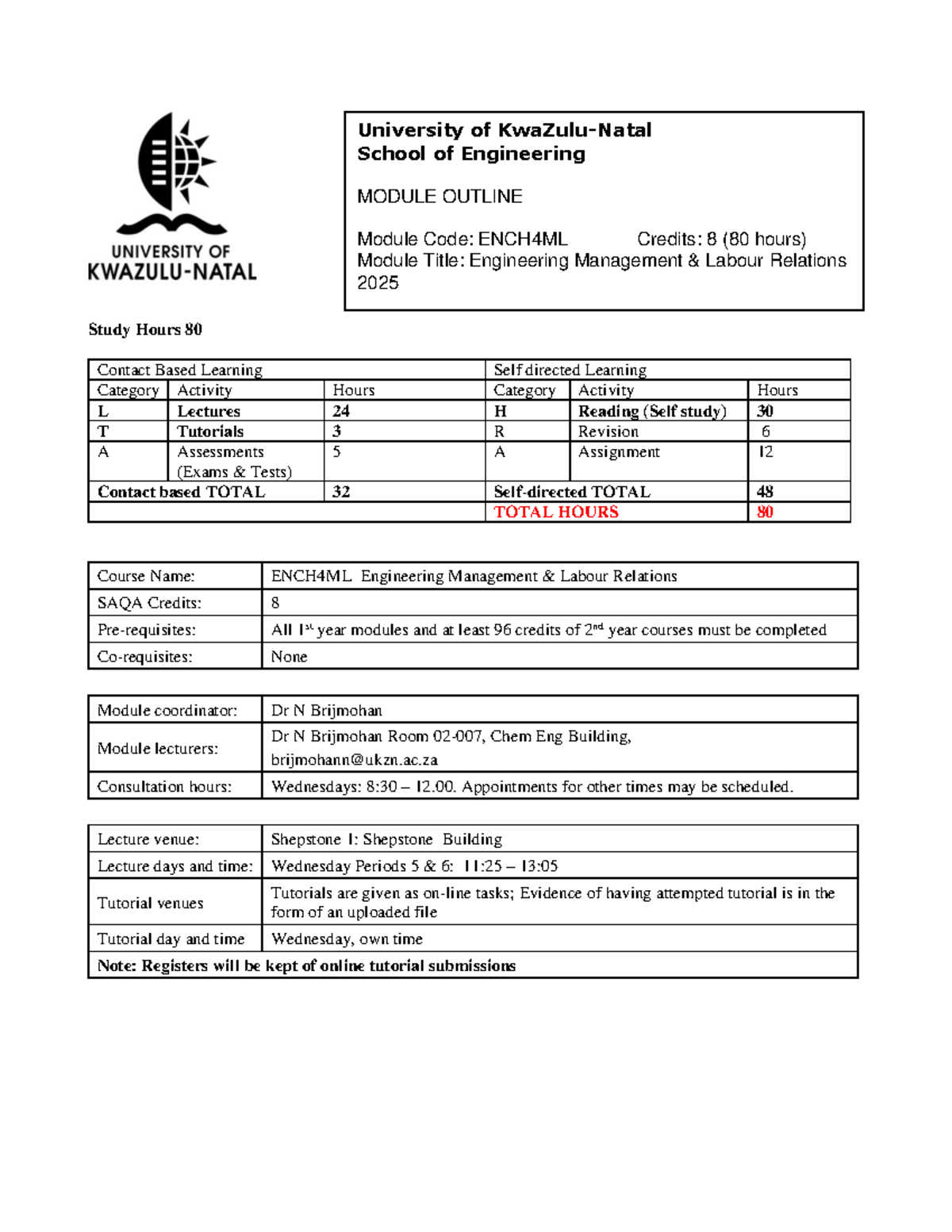 Module Outline for ENCH4ML: Engineering Management Labour Relations ...